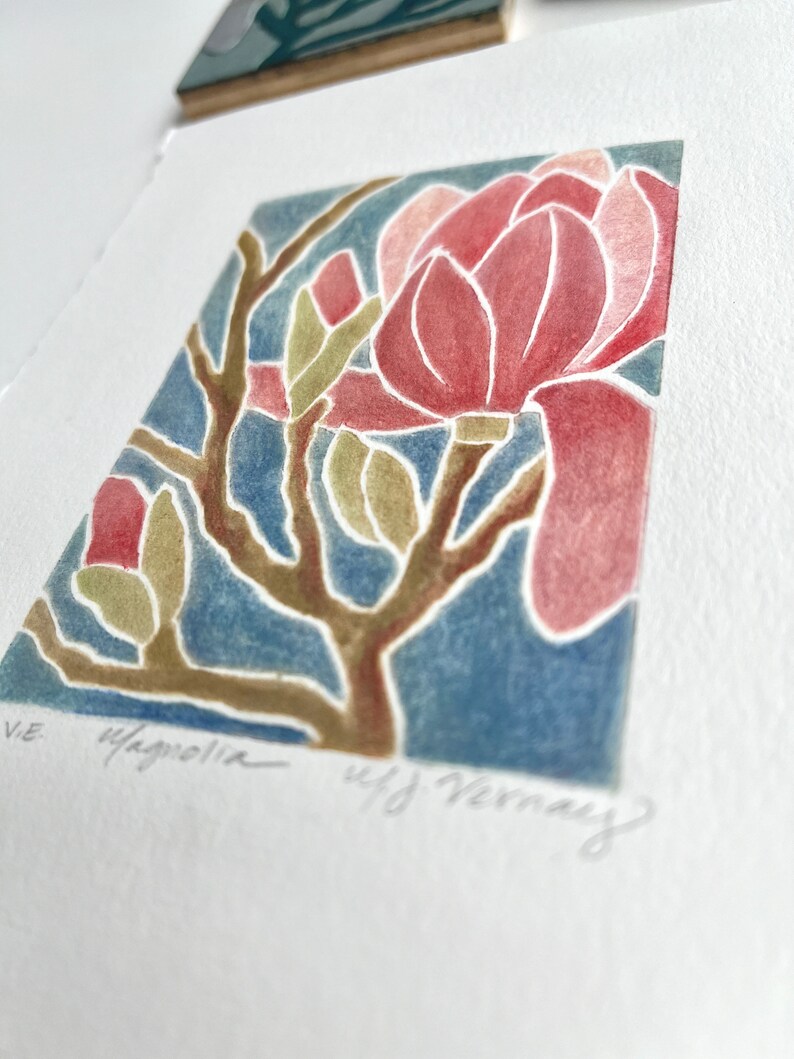 Magnolia Woodblock Print,floral Woodcut Art,original White Line Block ...