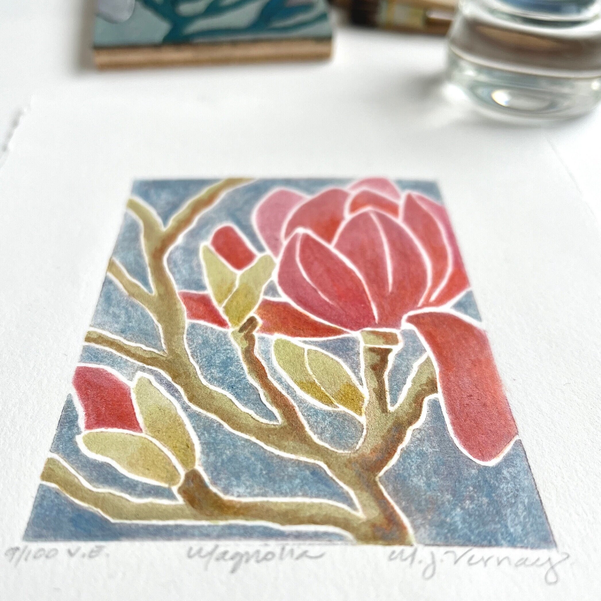 Magnolia Woodblock Print,floral Woodcut Art,original White Line Block ...