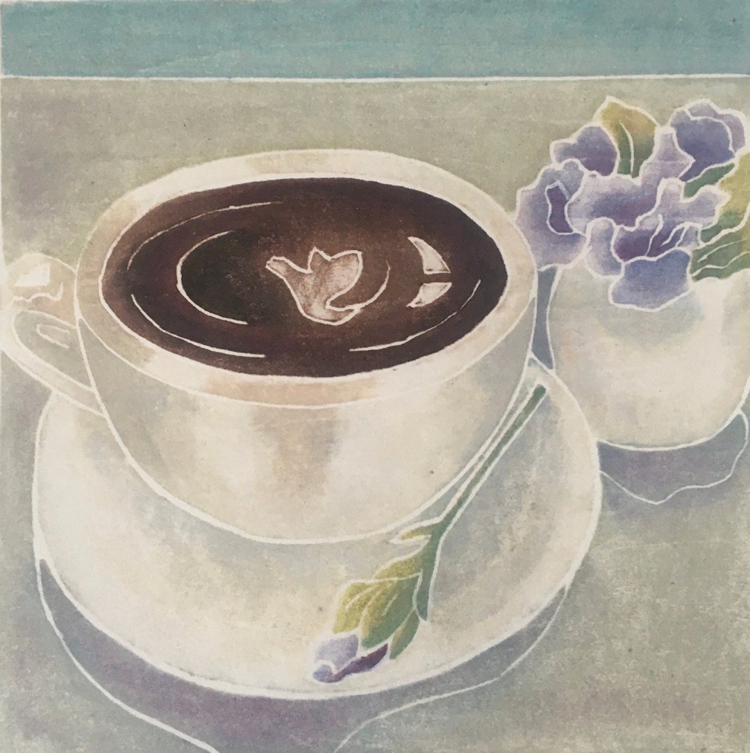 Coffee Cup Woodblock Print, Small Multi Colored Woodcut Art ...