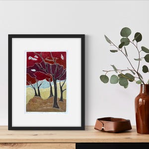 Autumn Trees Woodblock Print, Original Handprinted Art, Handmade White ...