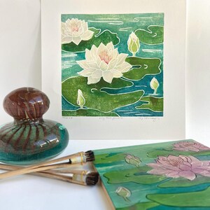Lily Pond Woodblock Print, Small Woodcut Wall Decor, Waterlily Artwork ...