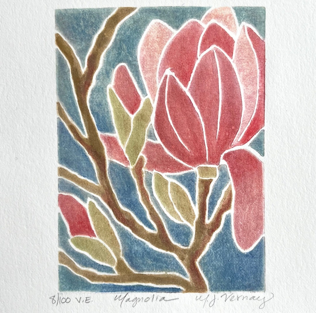 Magnolia Woodblock Print,floral Woodcut Art,original White Line Block ...