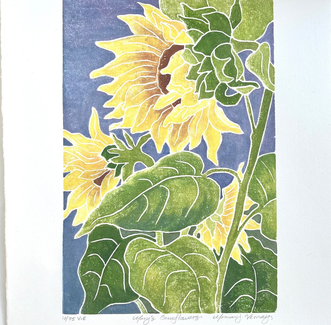 Sunflowers Woodblock Print,original Art White Line Blockprint,colorful ...