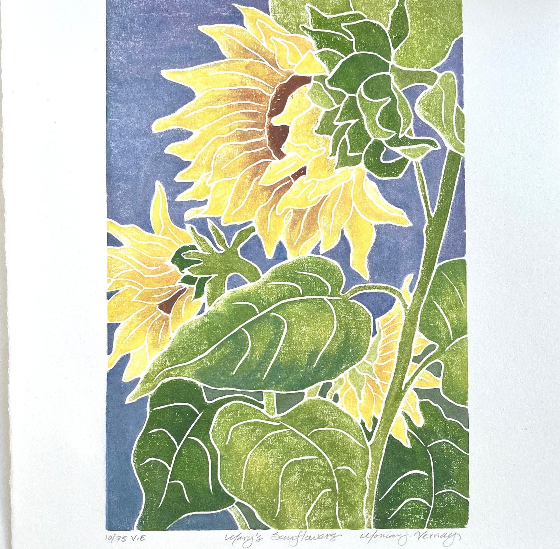 Sunflowers Woodblock Print,original Art White Line Blockprint,colorful ...
