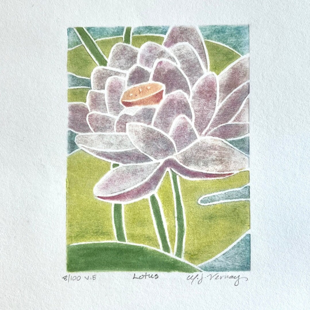 Lotus Flower Woodblock Print, Woodcut Wall Art, Colorful Pink Wall ...