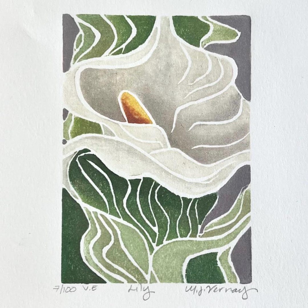 White Line Woodblock Print,small Woodcut Art,lily Flower Artwork,simple ...