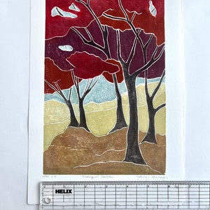 Autumn Trees Woodblock Print, Original Handprinted Art, Handmade White ...
