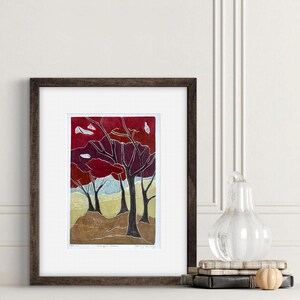 Autumn Trees Woodblock Print, Original Handprinted Art, Handmade White ...
