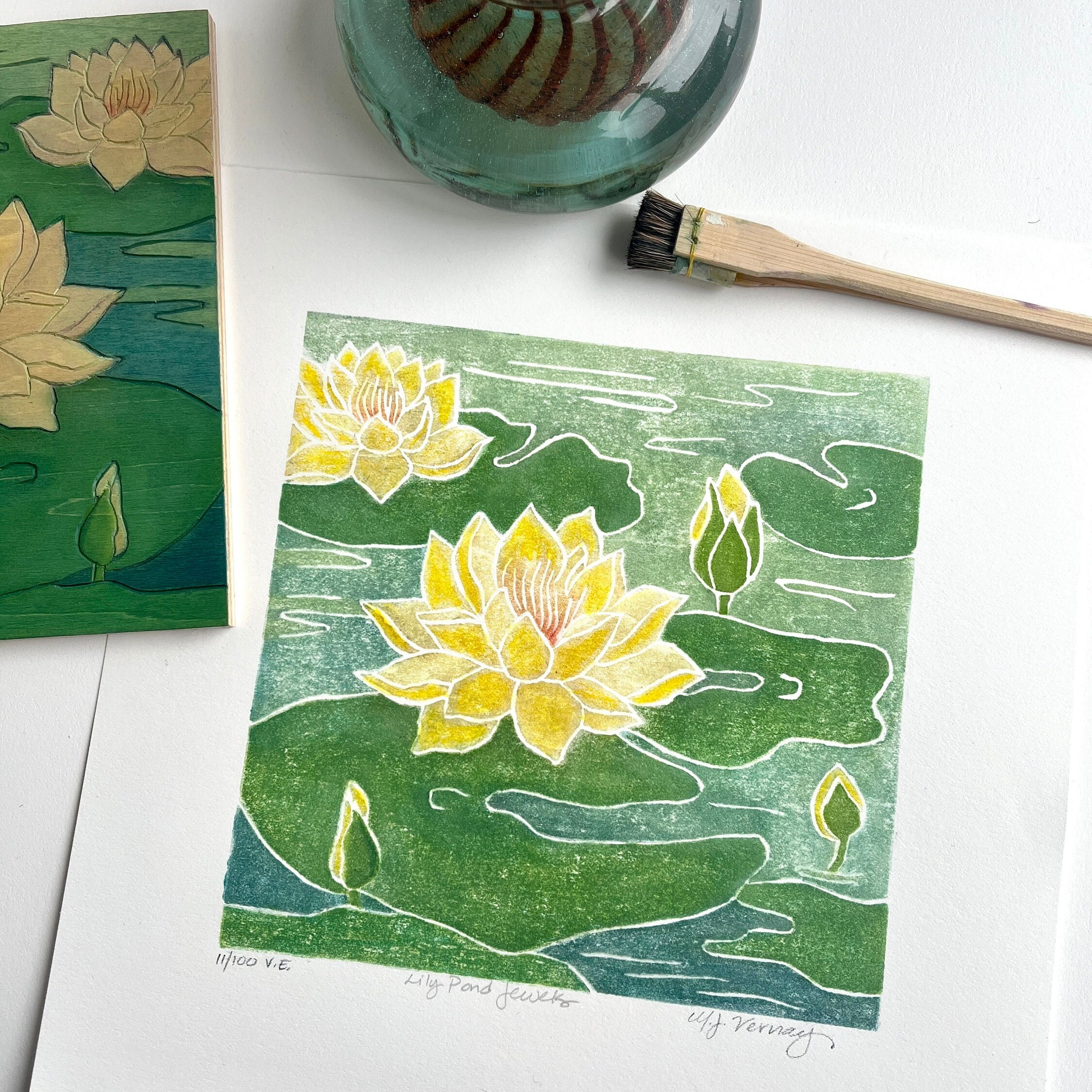 Lily Pond Woodblock, Small Woodcut Wall Decor, Waterlily Artwork ...
