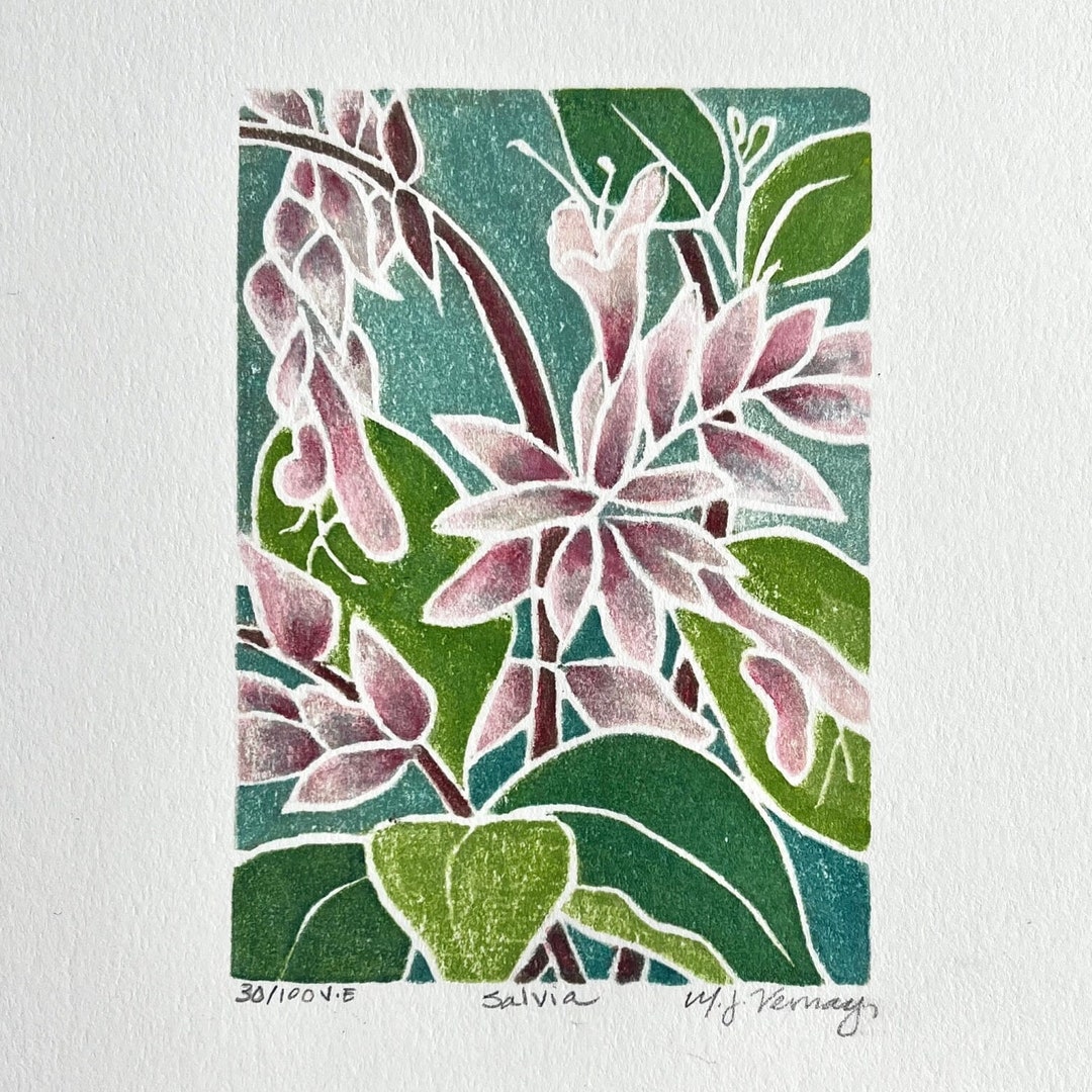 Pink Flowers Woodblock Print, Handmade Original Woodcut Floral ...