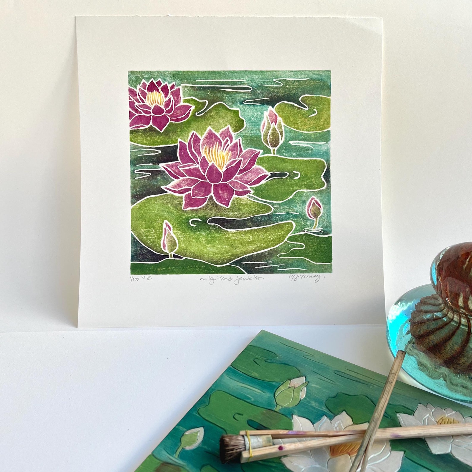 Pink Waterlily Woodblock, Small Woodcut Wall Decor, Lily Pond Artwork ...