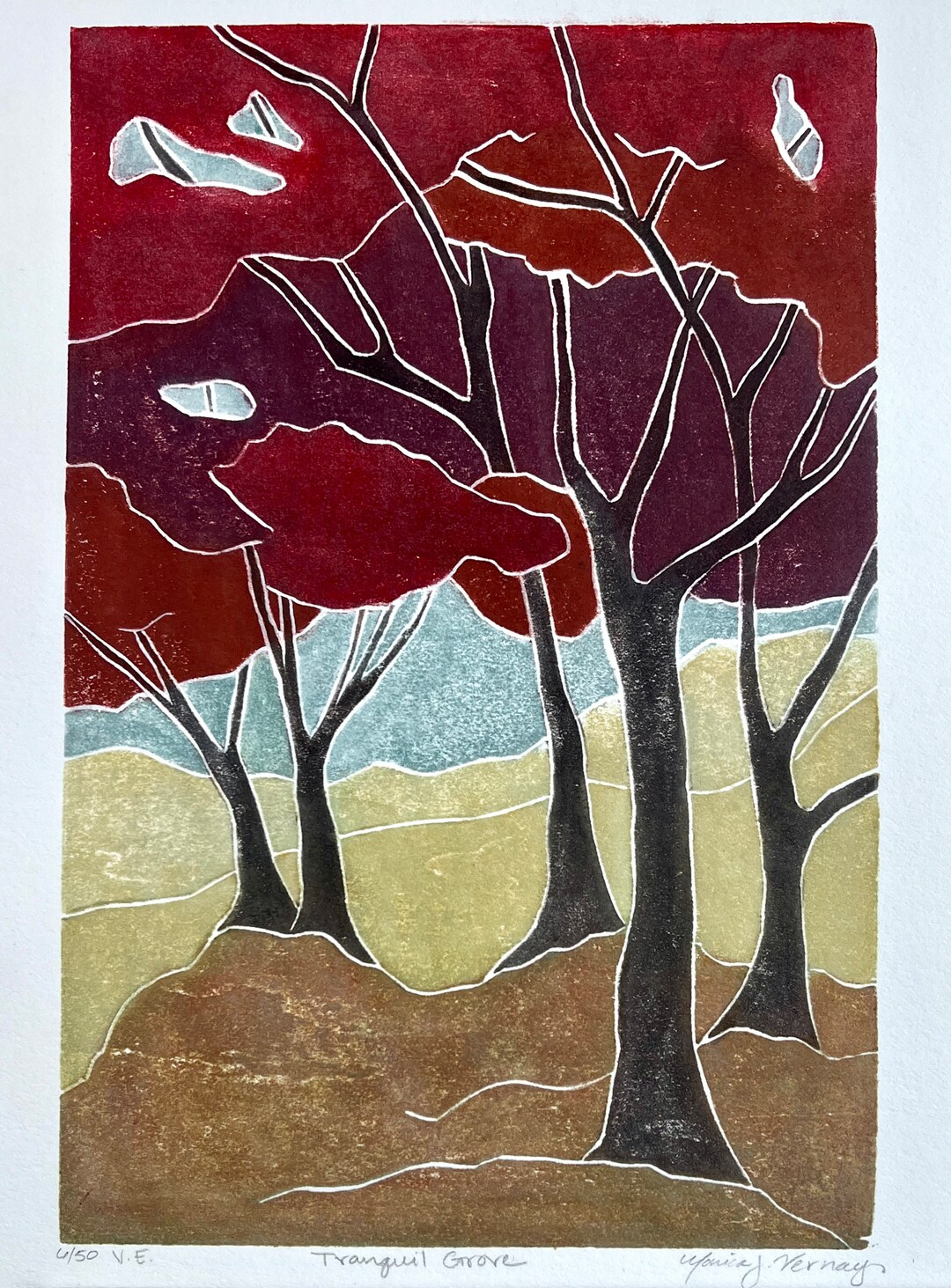 Autumn Trees Woodblock Print, Original Handprinted Art, Handmade White ...