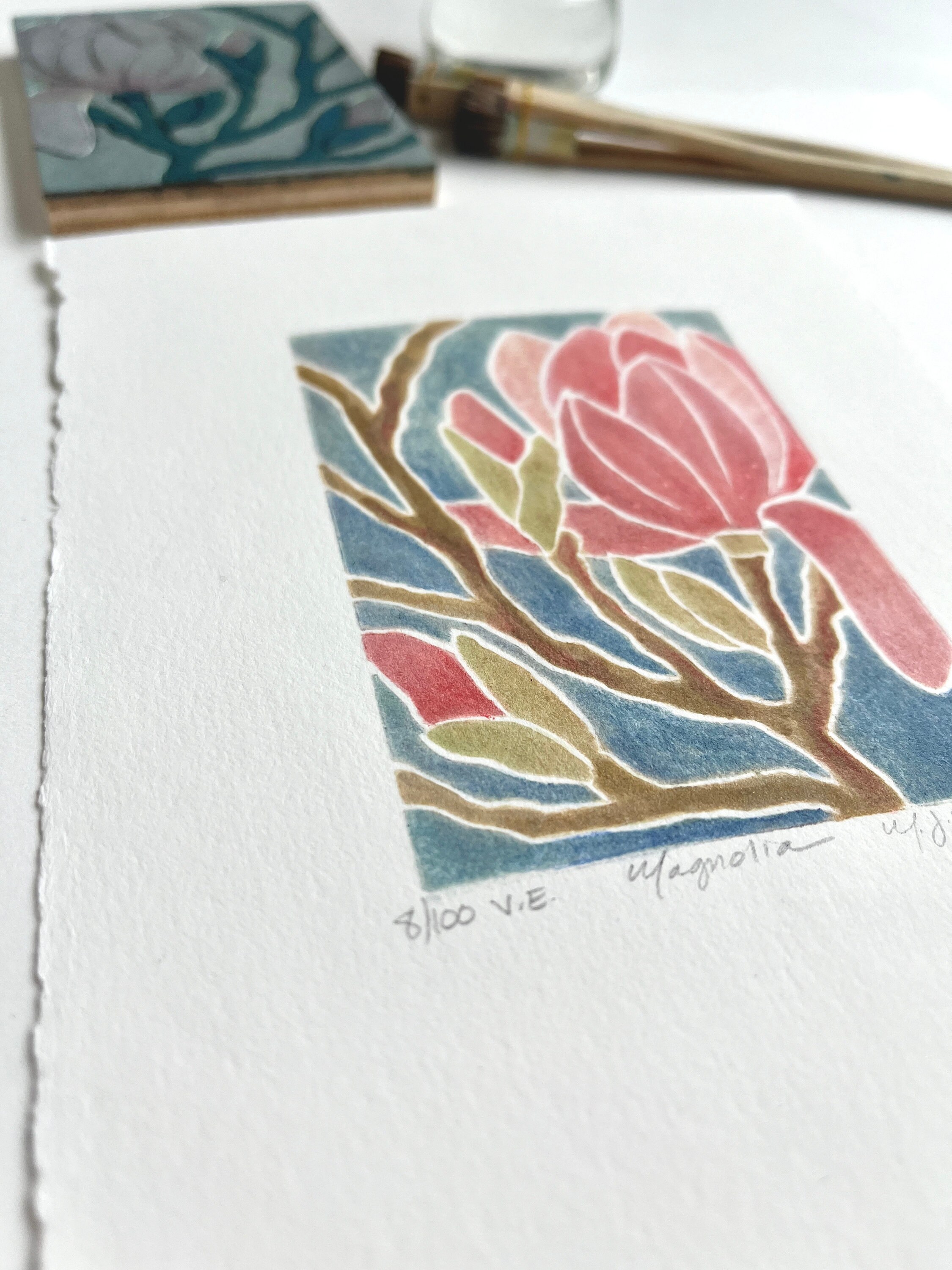 Magnolia Woodblock Print,floral Woodcut Art,original White Line Block ...