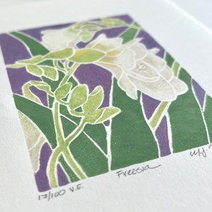 White Floral Woodblock Print,freesia Flowers Woodcut,original Art White ...