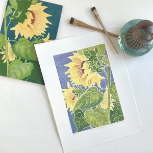 Sunflowers Woodblock Print,original Art White Line Blockprint,colorful ...