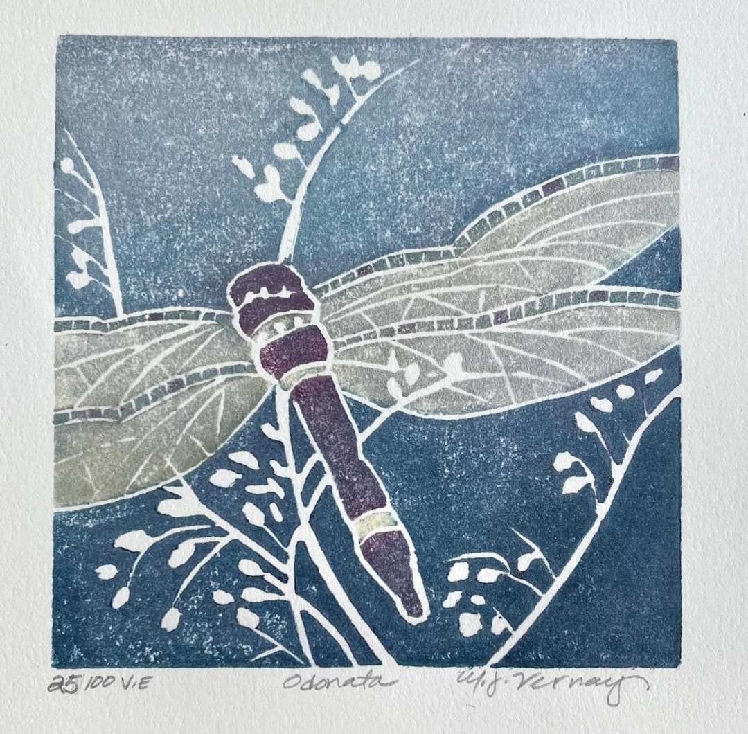 Dragonfly Woodblock Print,blue Woodcut Wall Art,original Handmade White ...