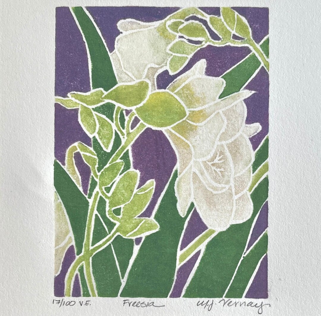 White Floral Woodblock Print,freesia Flowers Woodcut,original Art White ...