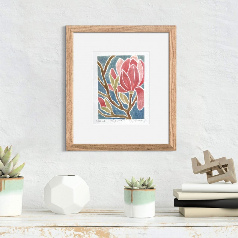 Magnolia Woodblock Print,floral Woodcut Art,original White Line Block ...