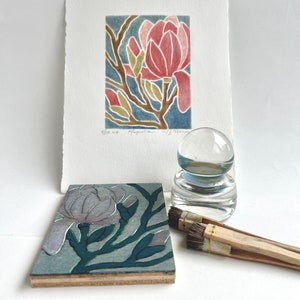 Magnolia Woodblock Print,floral Woodcut Art,original White Line Block ...