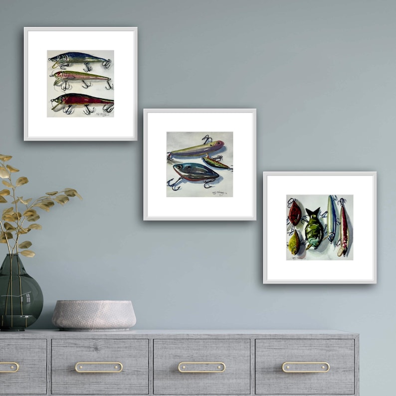 Fish Theme Art Watercolor Print, Fishing Lures Painting, Fishhooks Wall ...