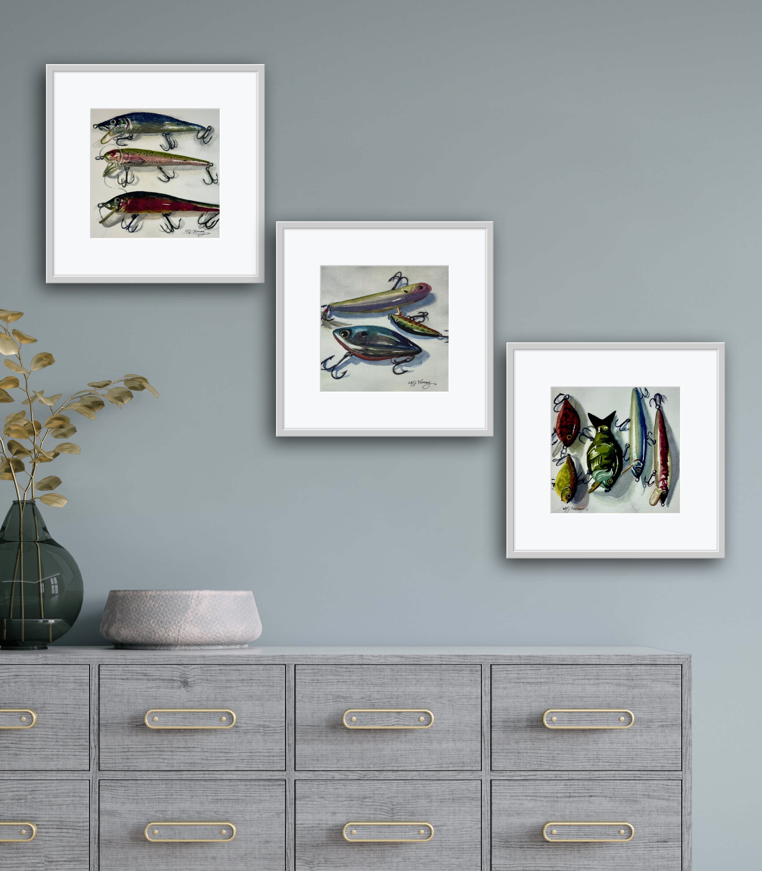 Fish Theme Art Watercolor Print, Fishing Lures Painting, Fishhooks Wall ...