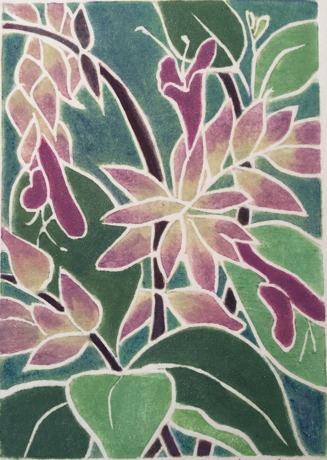 Magenta Flowers Woodblock Print, Original Handprinted Woodcut, Handmade ...