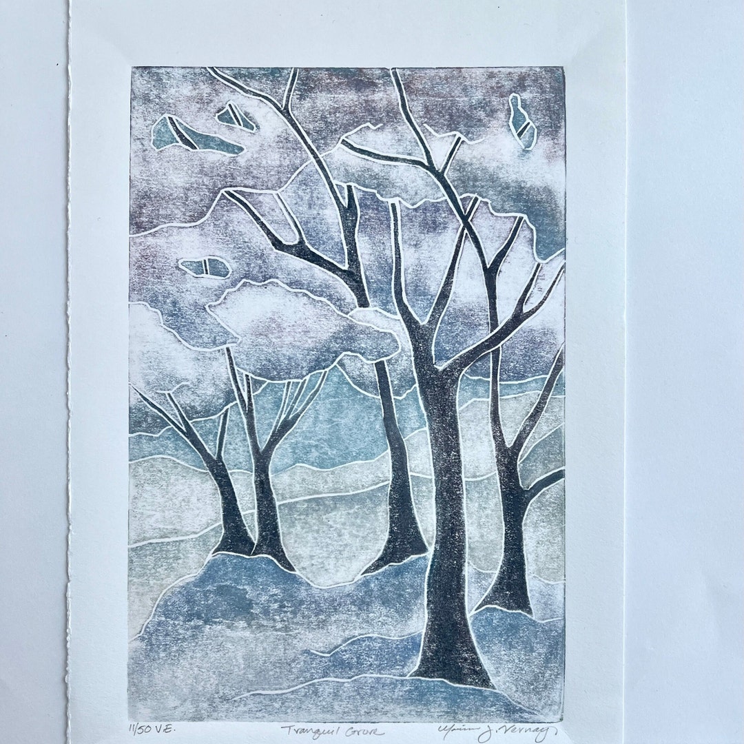 Original White-line Woodblock Print,winter Colors Trees Handprinted Art ...