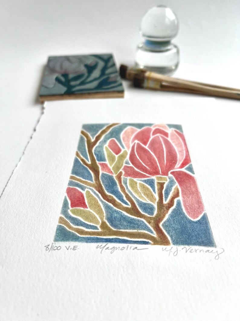 Magnolia Woodblock Print,floral Woodcut Art,original White Line Block ...