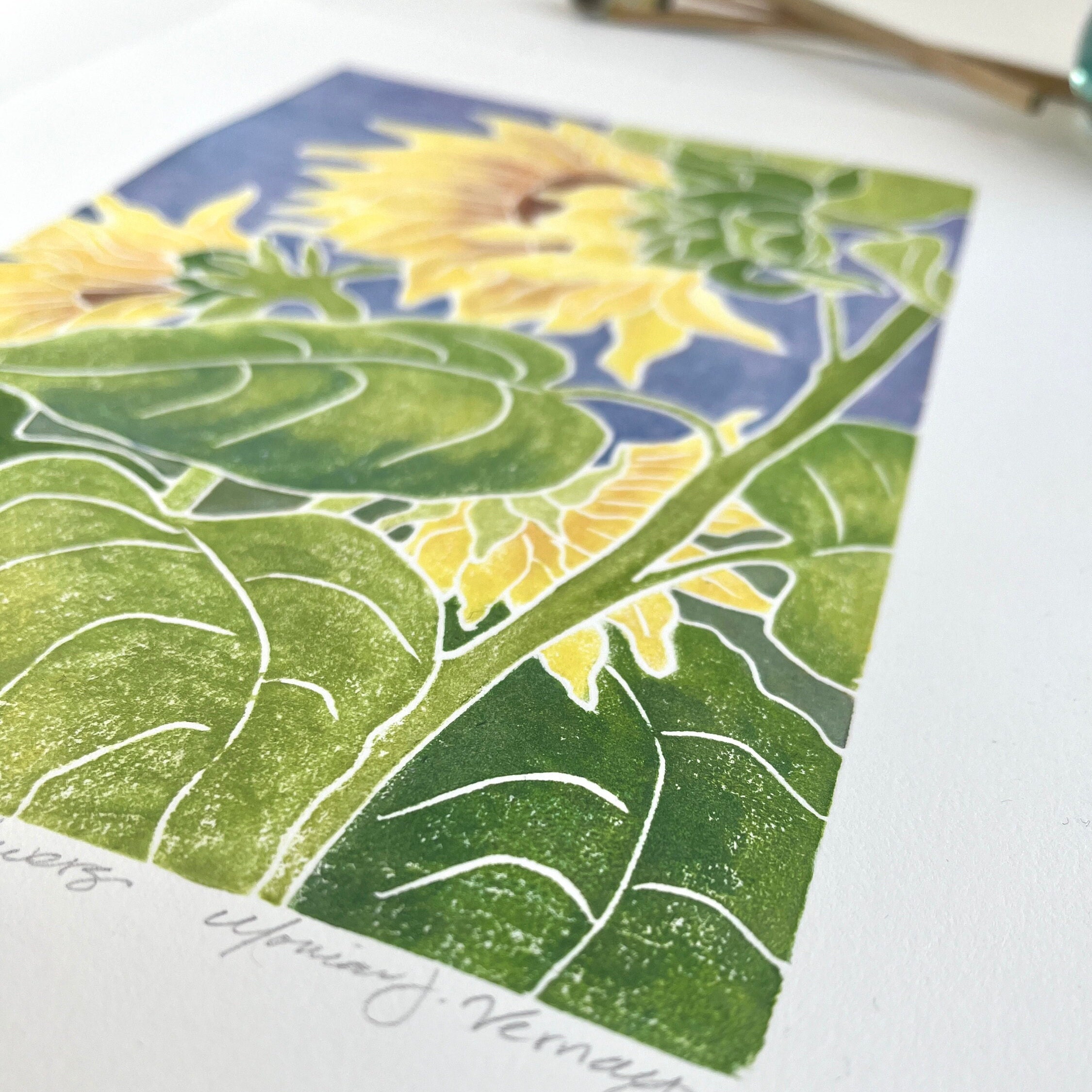 Sunflowers Woodblock Print,original Art White Line Blockprint,colorful ...
