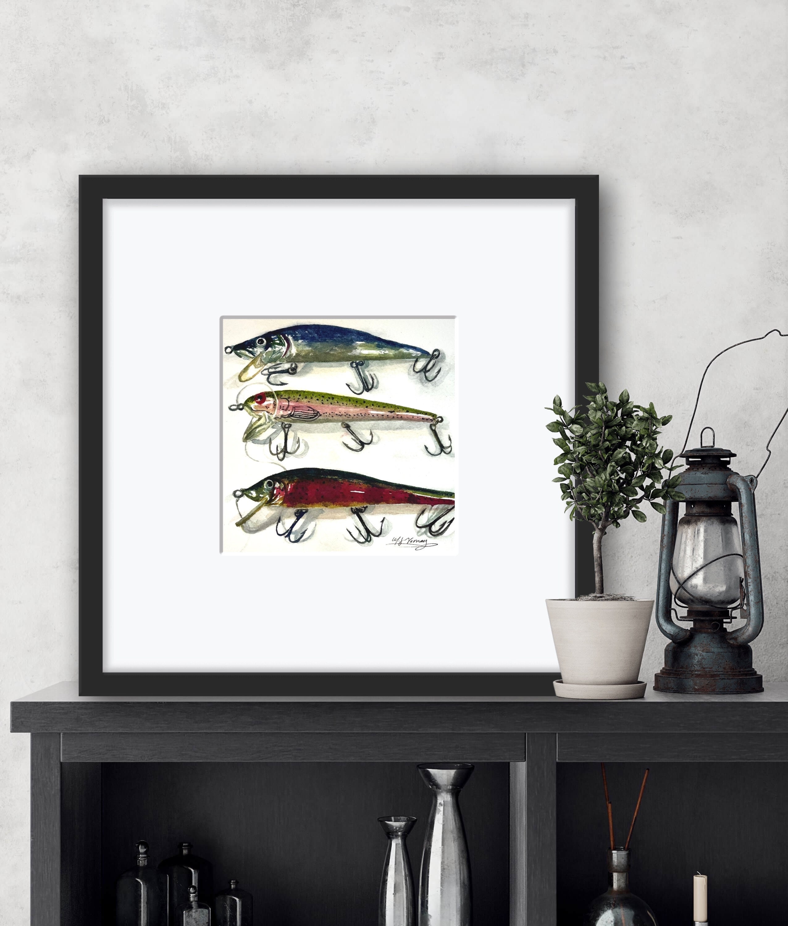 Fish Theme Art Watercolor Print, Fishing Lures Painting, Fishhooks Wall ...