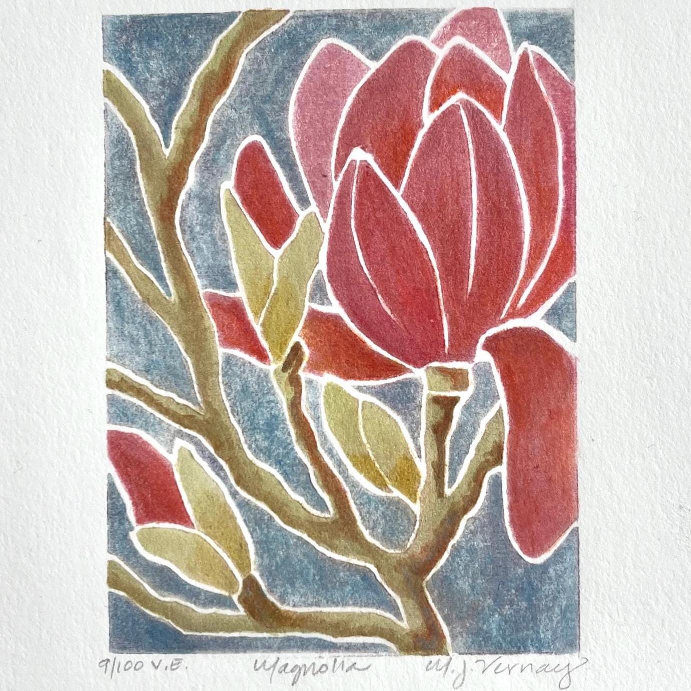 Magnolia Woodblock Print,floral Woodcut Art,original White Line Block ...