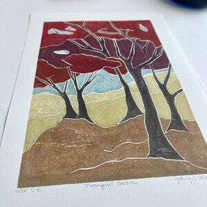 Autumn Trees Woodblock Print, Original Handprinted Art, Handmade White ...