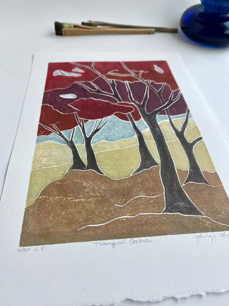 Autumn Trees Woodblock Print, Original Handprinted Art, Handmade White ...