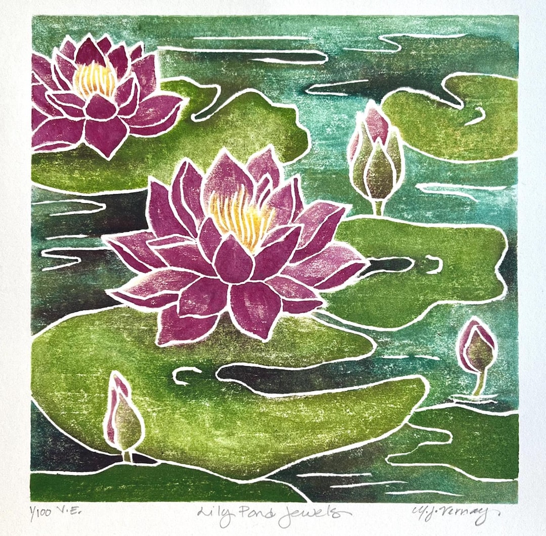 Pink Waterlily Woodblock, Small Woodcut Wall Decor, Lily Pond Artwork ...