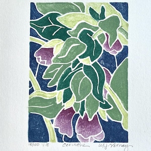 Floral Woodblock Print,purple Flowers Original Woodcut Art,small Wall ...