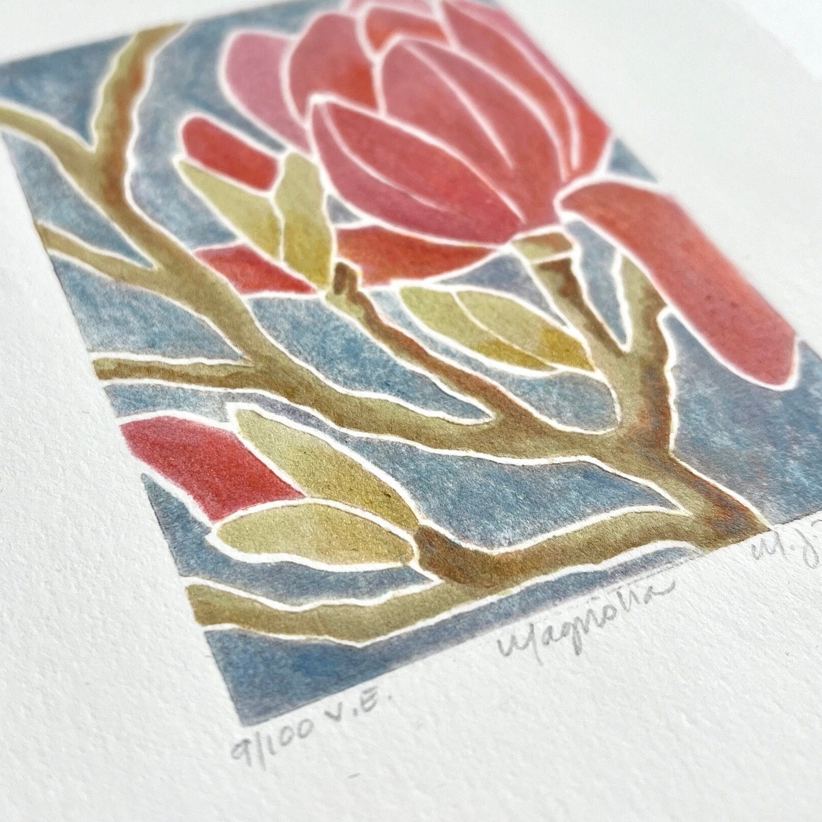 Magnolia Woodblock Print,floral Woodcut Art,original White Line Block ...