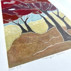 Autumn Trees Woodblock Print, Original Handprinted Art, Handmade White ...