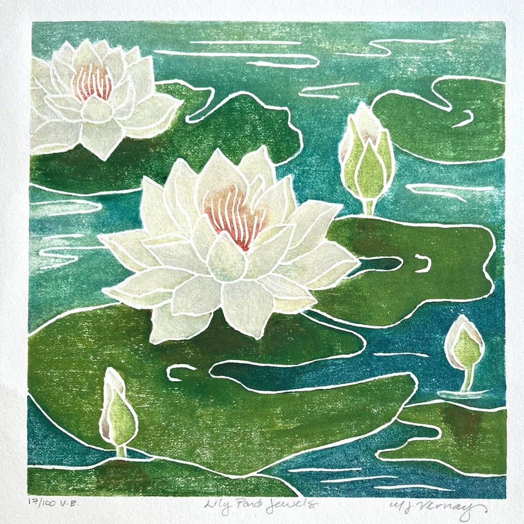 Lily Pond Woodblock Print, Small Woodcut Wall Decor, Waterlily Artwork ...