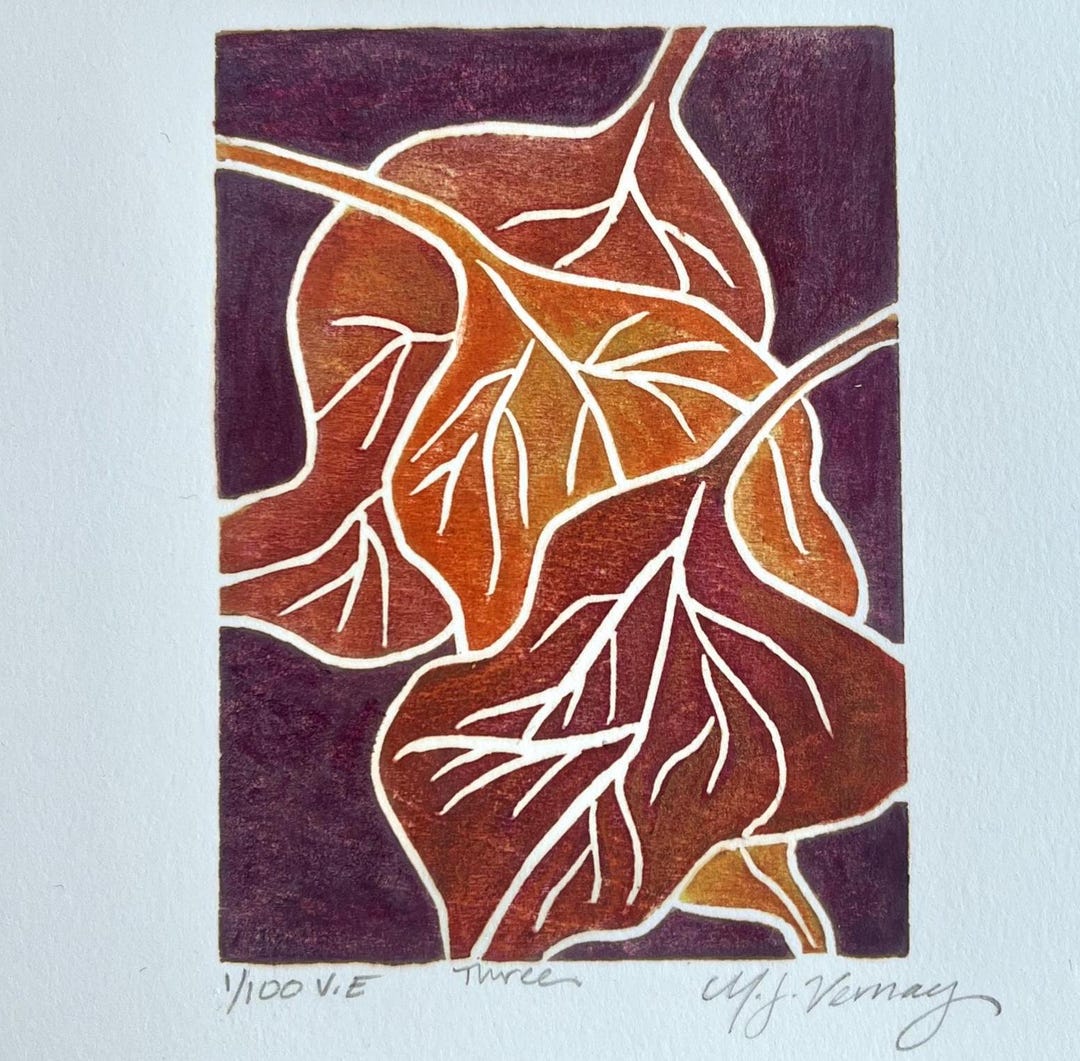 Autumn Leaves Woodcut Print,fall Colors Woodblock,original Art White ...