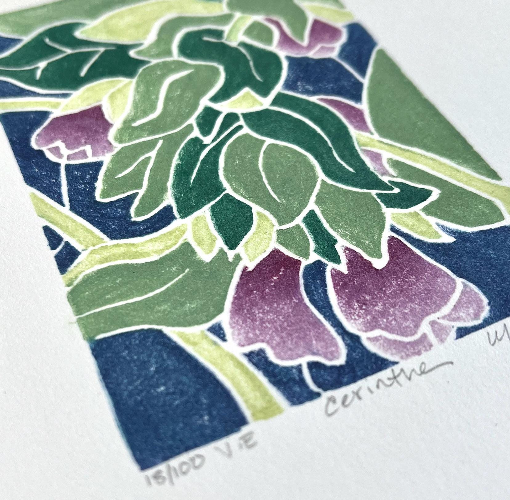 Floral Woodblock Print,purple Flowers Original Woodcut Art,small Wall ...