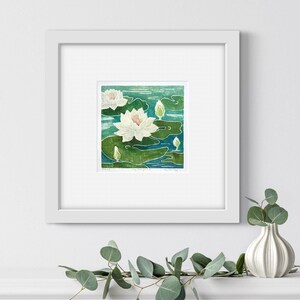 Lily Pond Woodblock Print, Small Woodcut Wall Decor, Waterlily Artwork ...