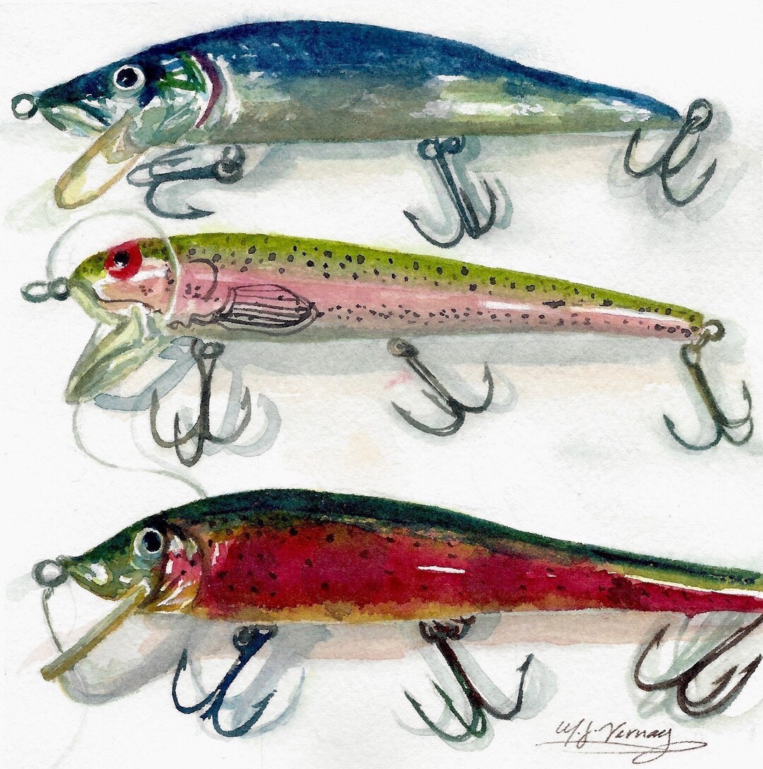 Fish Theme Art Watercolor Print, Fishing Lures Painting, Fishhooks Wall ...
