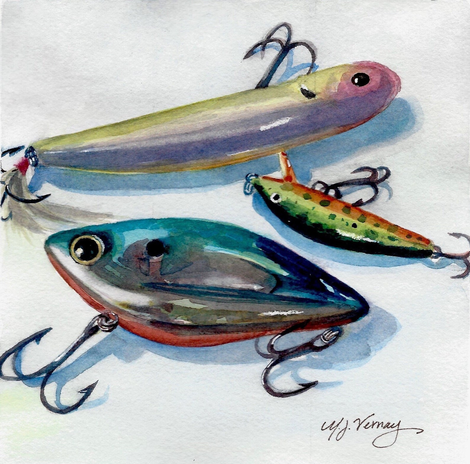 Fishing Art Watercolor Print, Fishing Lures Painting, Fishhook Wall Art ...