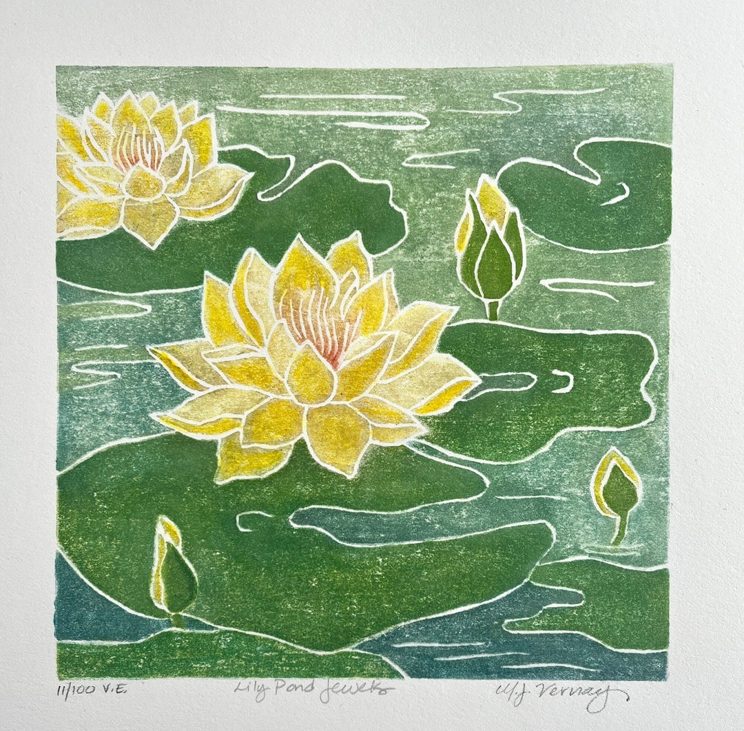 Lily Pond Woodblock, Small Woodcut Wall Decor, Waterlily Artwork ...