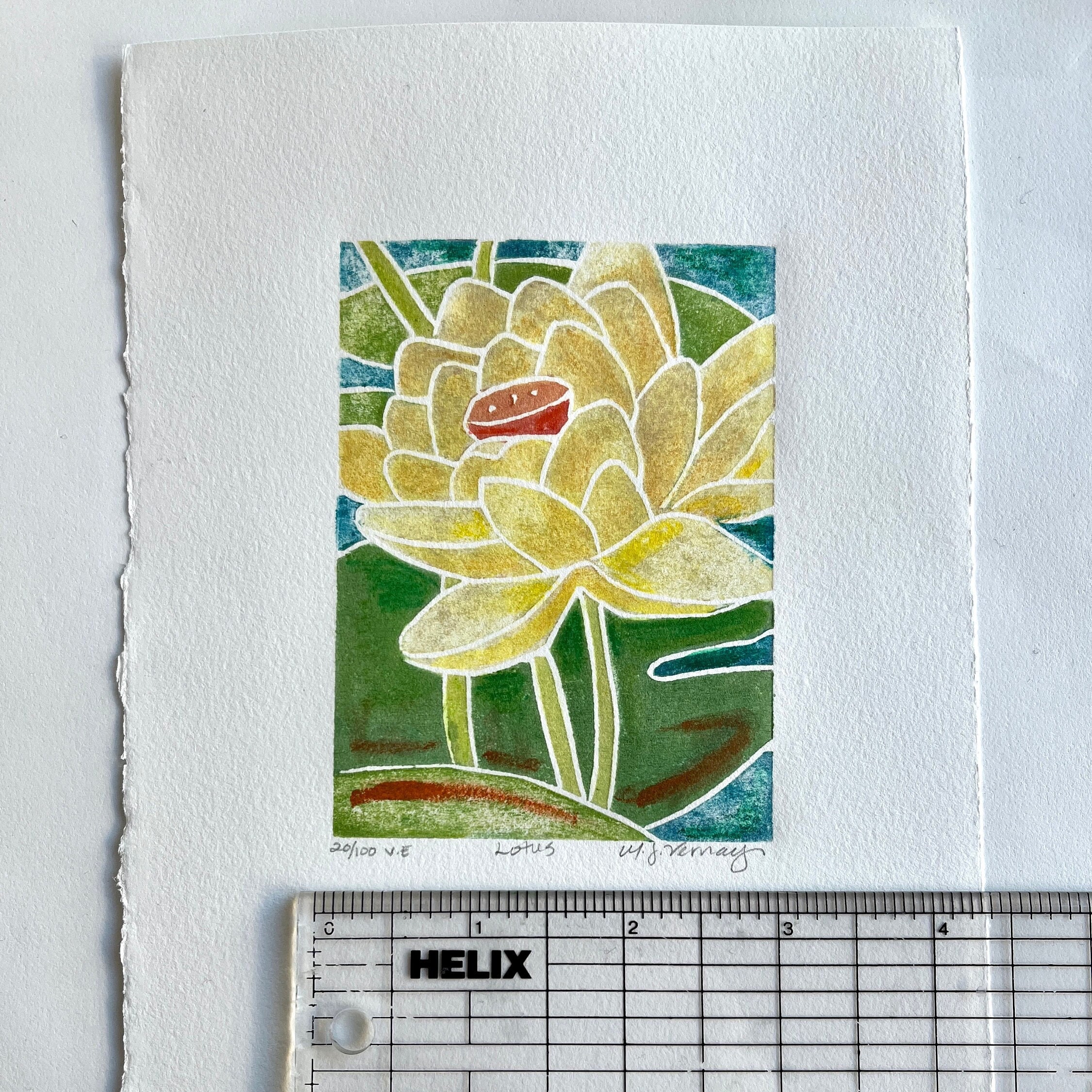 Lotus Woodblock Print,yellow Flower Woodcut Artwork,colorful Wall Decor ...
