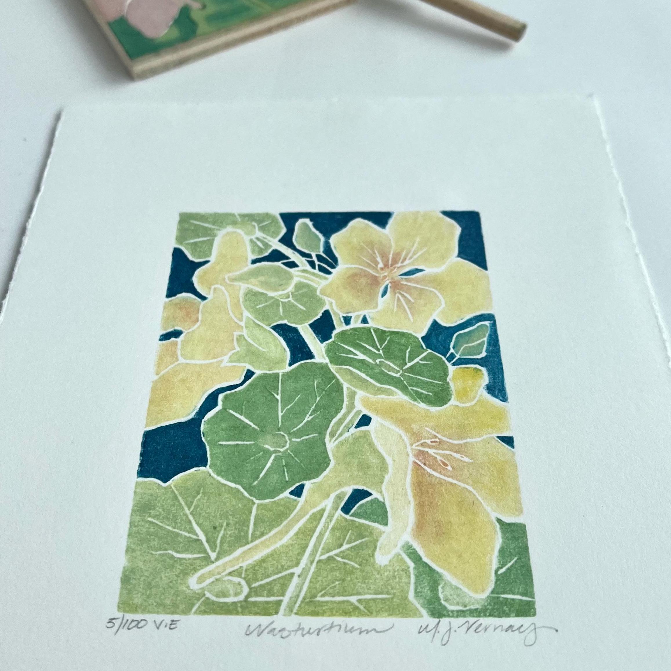 Woodcut Art,woodblock Print,nasturtium Flower Artwork ,small Wall Decor ...