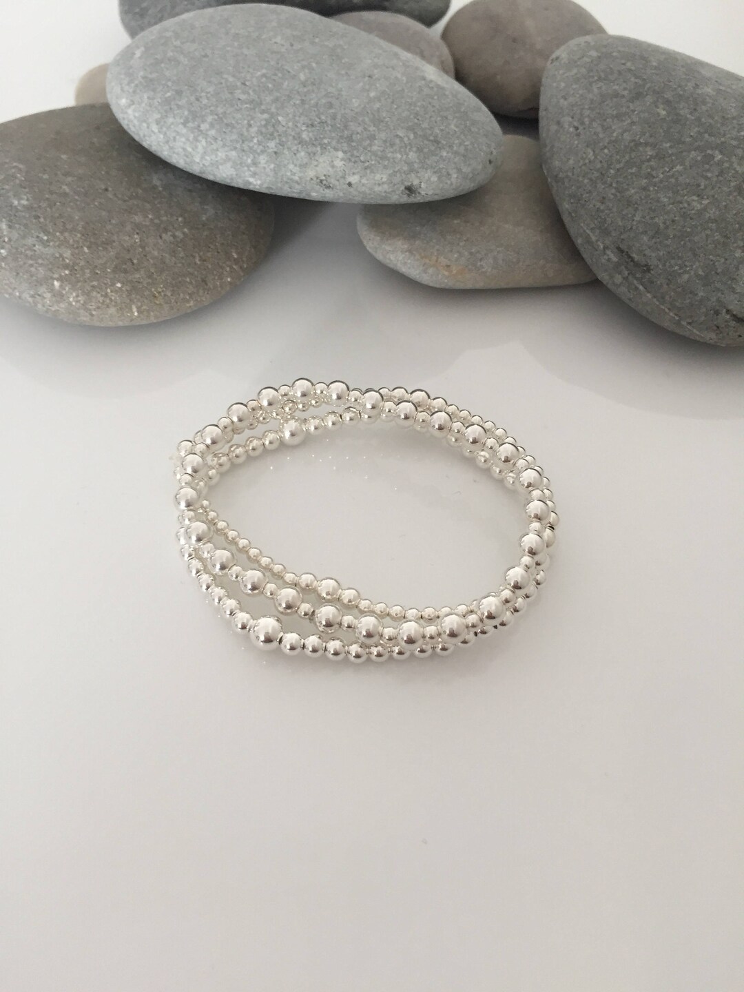 Silver Stacking Bracelets. Set of 3 Beaded Bracelets. Sterling Silver ...