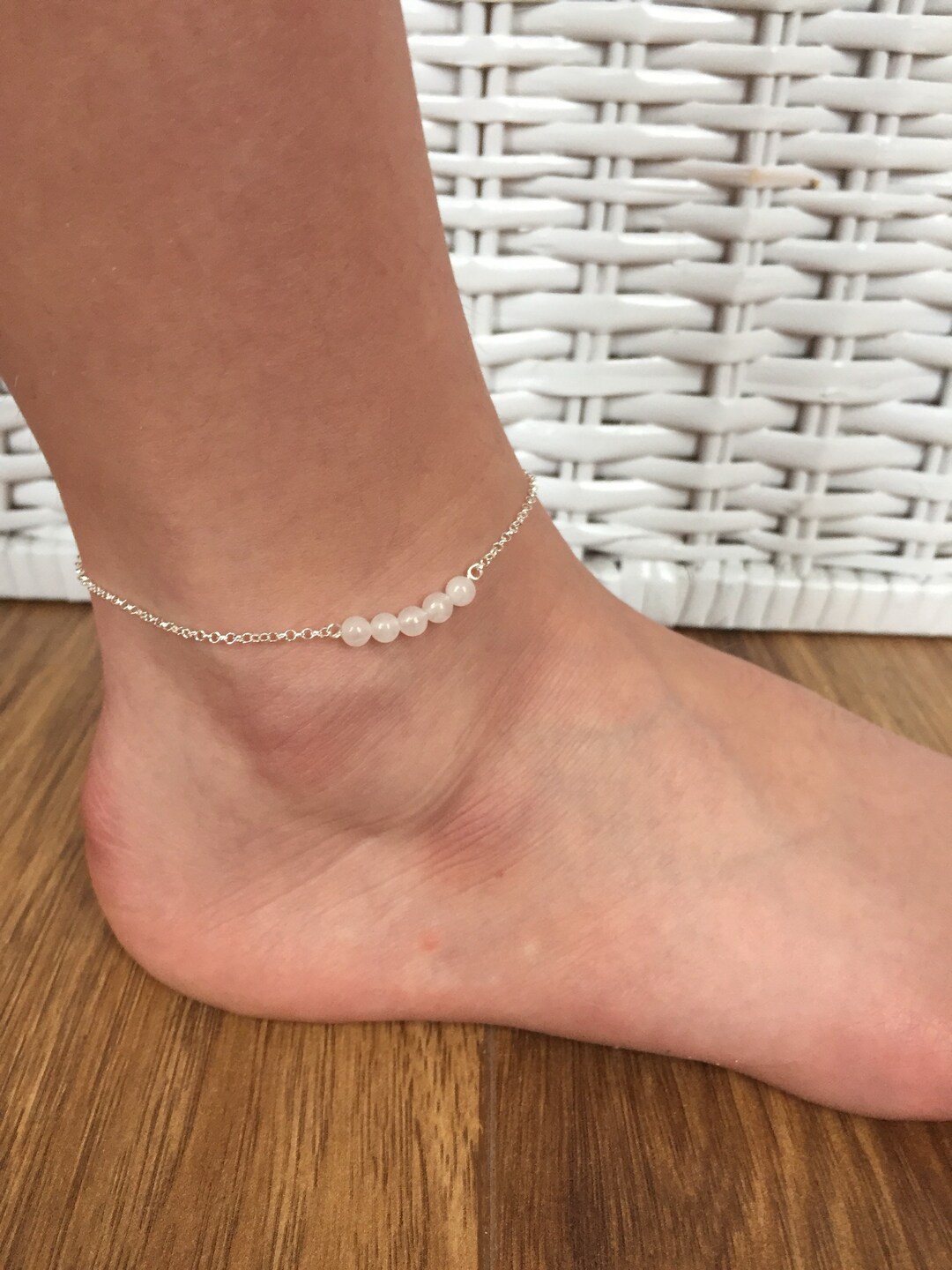 White Gemstone Anklet. White Jade Ankle Bracelet. Gemstone Beaded Ankle ...