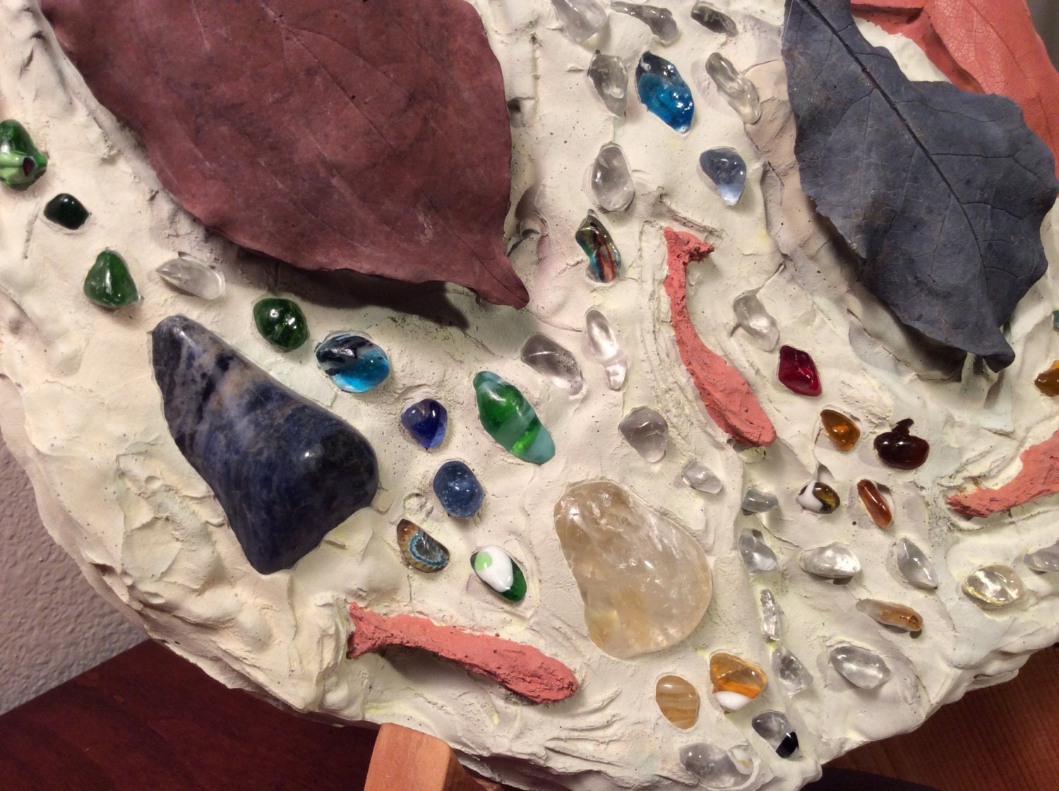 Floating Leaves and Salmon Sculpture, Cast Stone Carving, Citrine ...