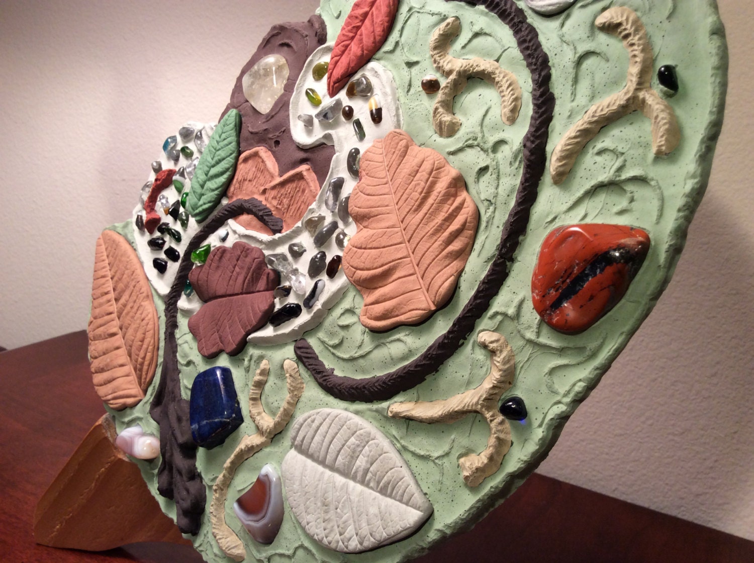 Hand Carved Cast Stone Sculpture of Salmon Creek & Leaves With Lapis ...